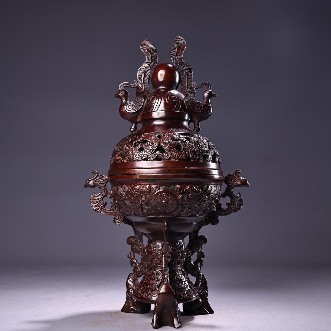 Chinese Antique Pure Copper Red Copper High Relief Dragon and Phoenix ...