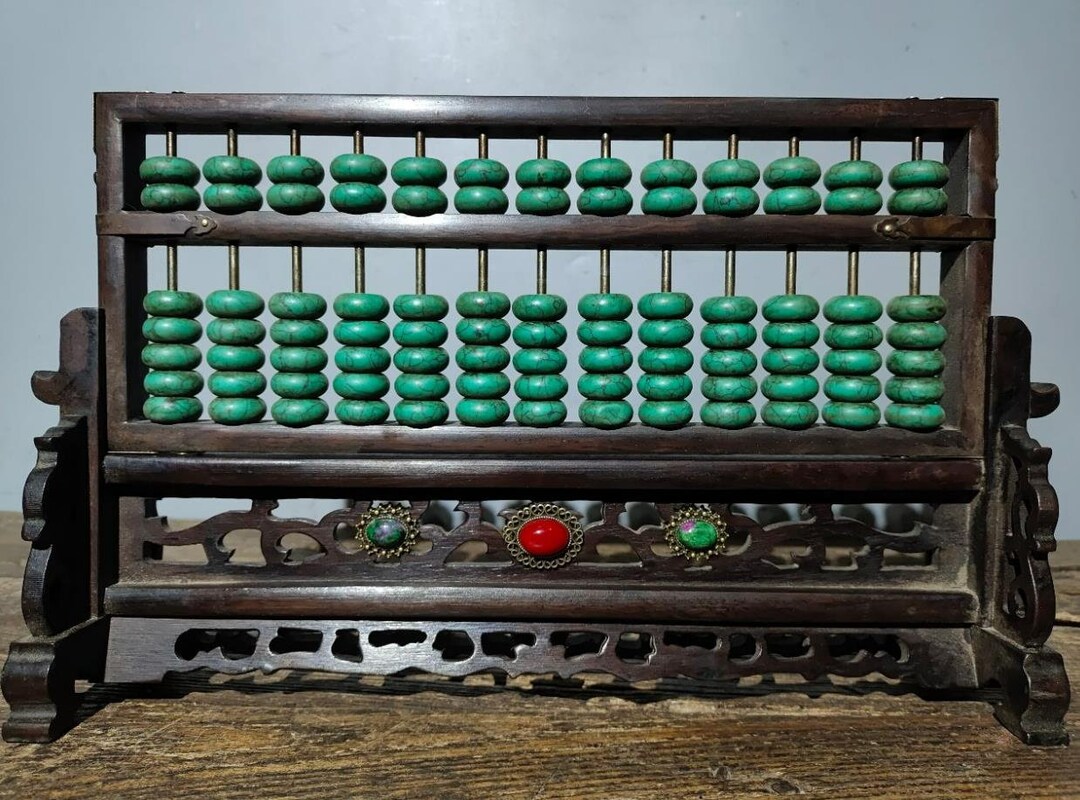 Chinese Antique Rosewood Abacus Inlaid Gems Hollow Pattern Turquoise ...
