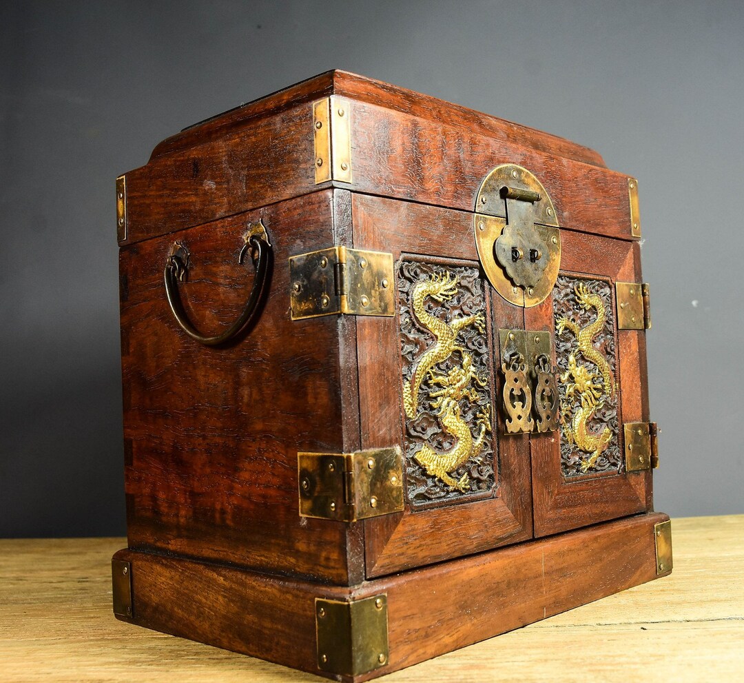Chinese Pure Hand-carved Rosewood Gilt Dragon Pattern Treasure Chest ...