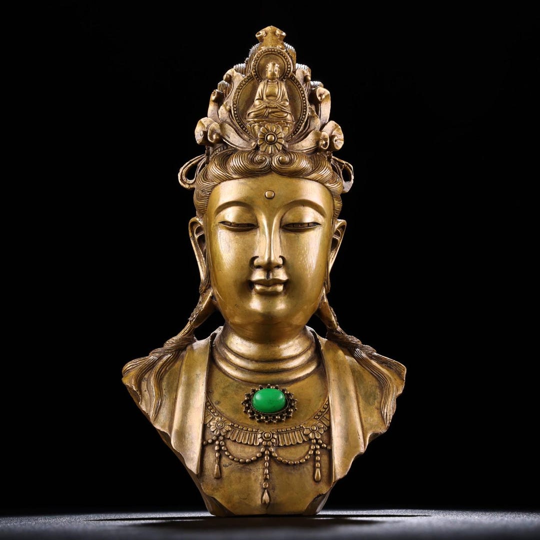 Chinese Antique Handmade Carved Pure Copper Inlaid Gems Guanyin Half ...