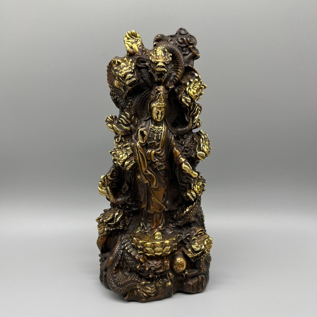 Chinese Antique Pure Hand-carved Pure Copper Gilt Jiu Dragon Guanyin ...
