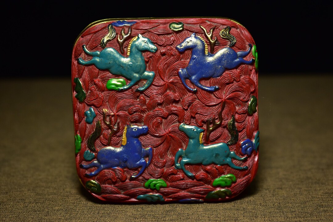 Chinese Pure Hand Carved Lacquer Painted Horse Pattern Jewelry Box ...