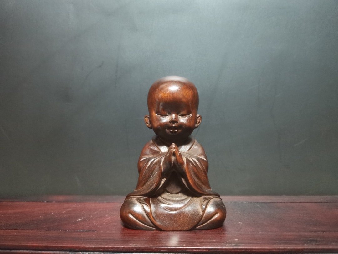 Chinese Natural Boxwood Carving Three Little Monk Ornament Statue is ...
