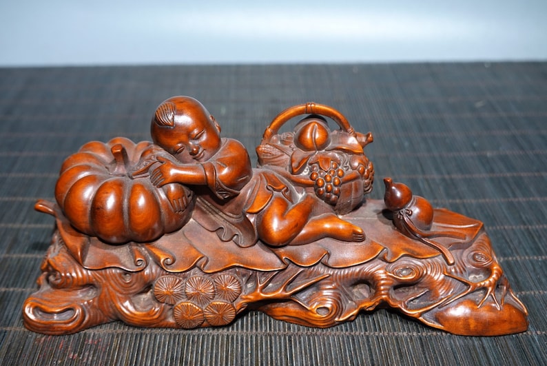Chinese Pure Hand-carved Boxwood Fengshou Pattern Statue Home Decor ...