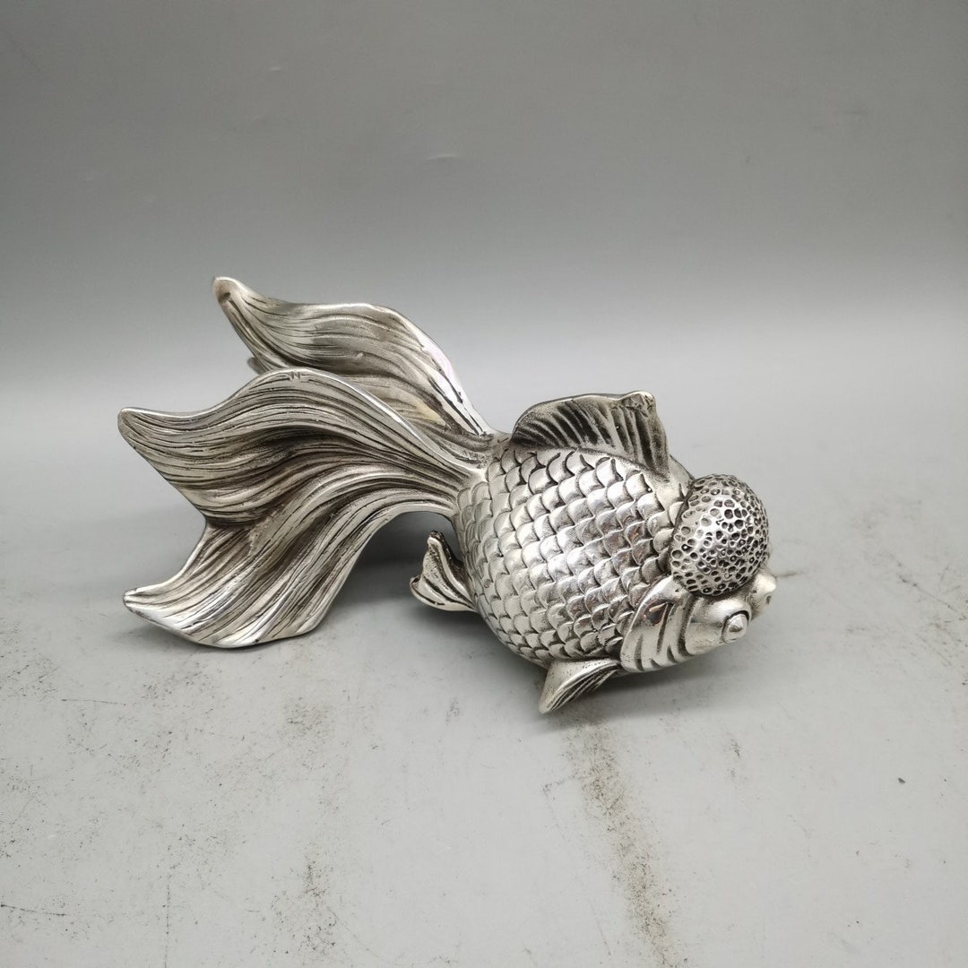 Chinese Pure Handcarved Pure Copper Silver Plating Small Goldfish ...