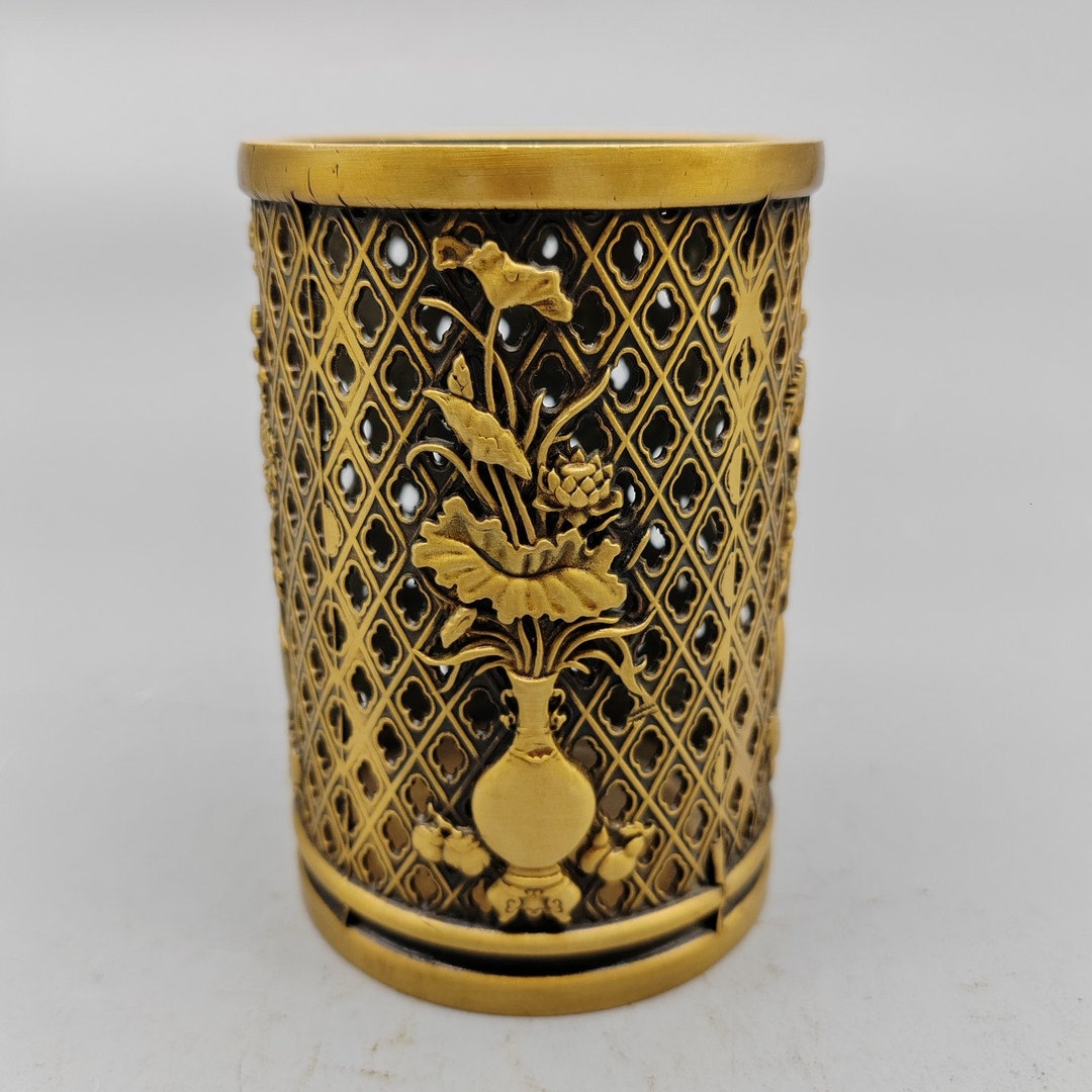 Chinese Pure Hand Carved Pure Copper Brass Hollow Flower Pattern Pen ...