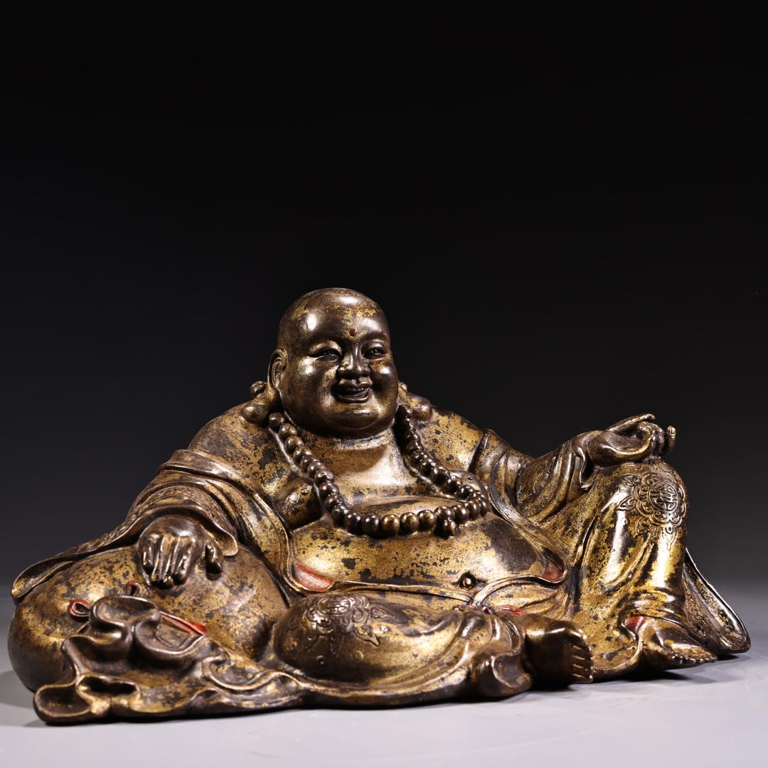 Chinese Antique Handmade Carved Pure Copper Clay Gold Large Bellied ...