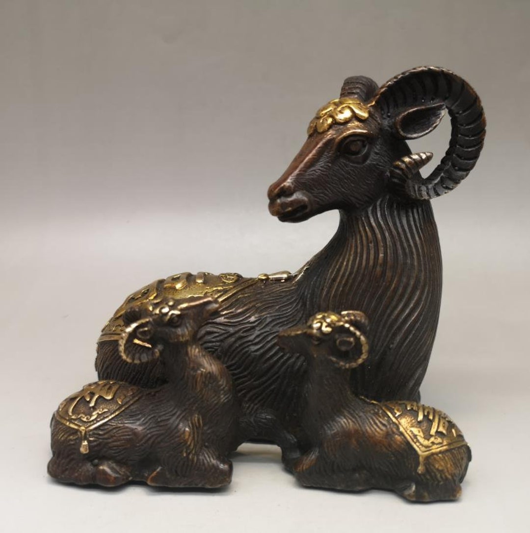 Chinese Antique Pure Hand-carved Red Copper Gilt Sanyang Kaitai Statue ...