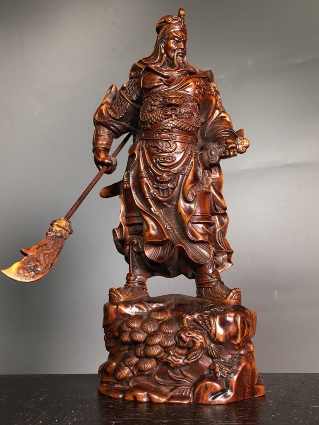 The Statue of Guan Gong in Chinese Hand-carved Natural Boxwood is Hand ...