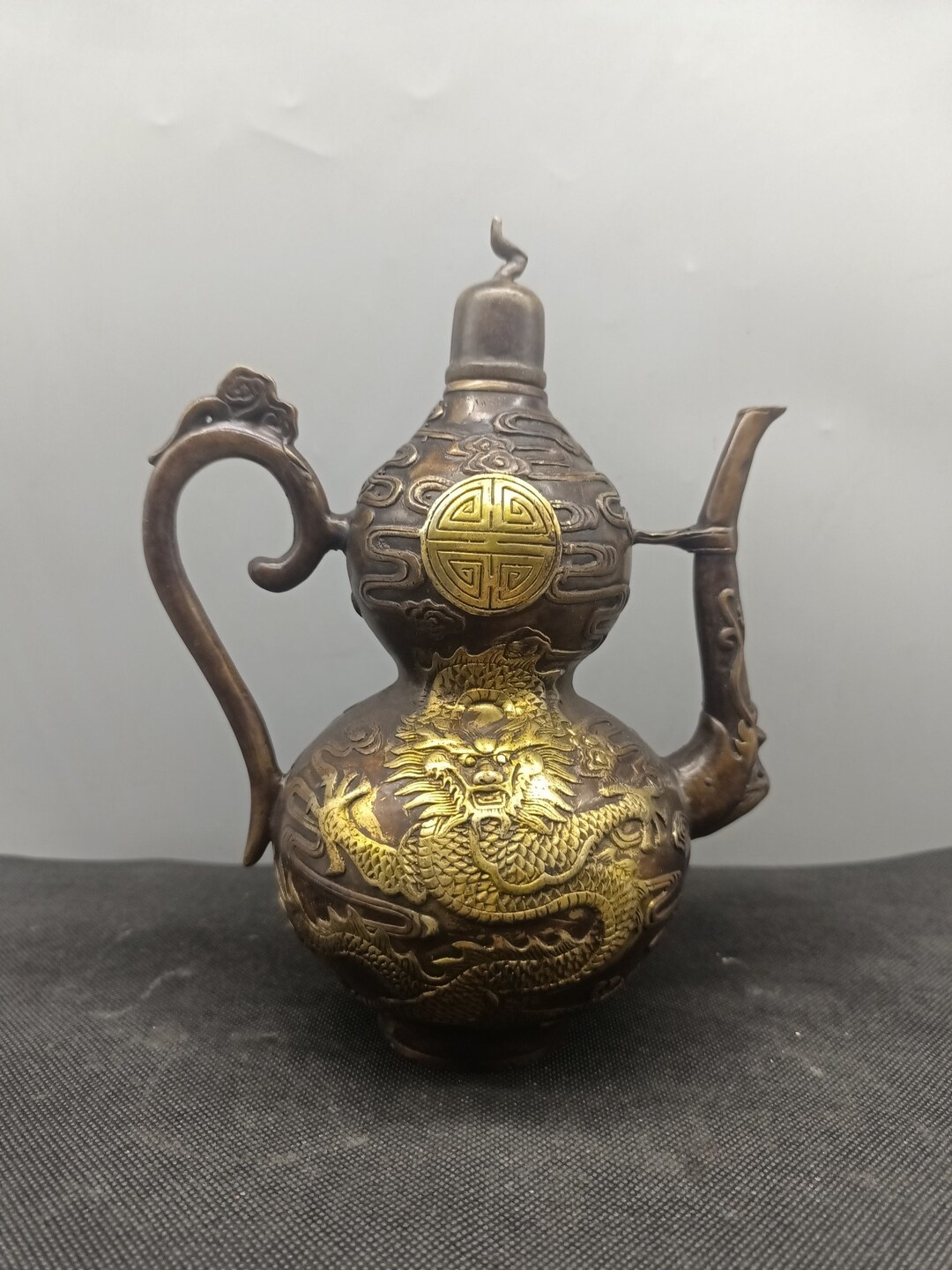 Chinese Antique Handmade Pure Copper Gilt Carved Dragon Wine Pot ...