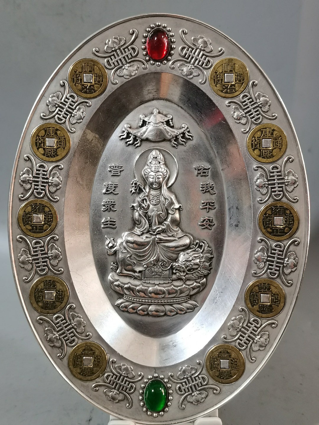 Chinese Pure Hand-carved Exquisite White Copper Inlaid Gems Guanyin ...