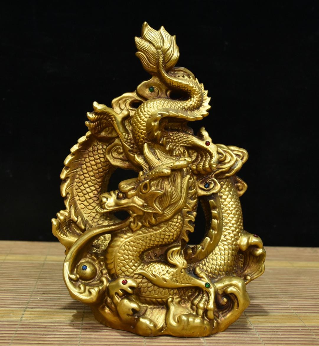Chinese Antique Hand Carved Pure Copper Inlaid Gems Exquisite Dragon ...