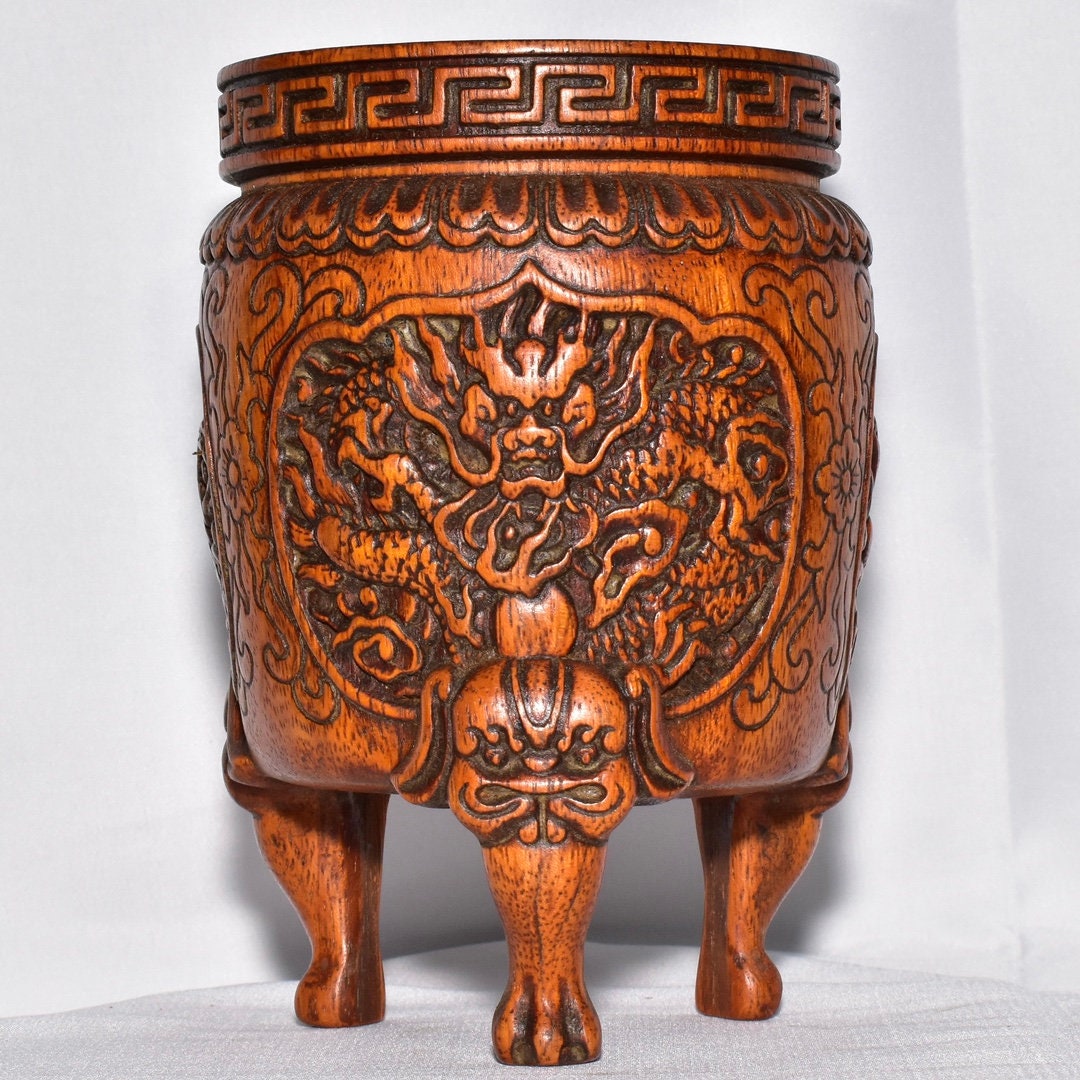 Chinese Antique Hand Carved Pear Wood Relief Dragon Pattern Three ...