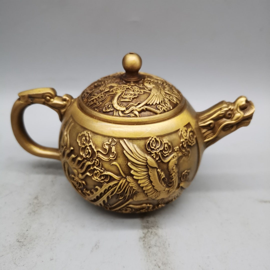 Chinese Statues Hand Carved Brass Dragon and Phoenix Pattern Teapot ...