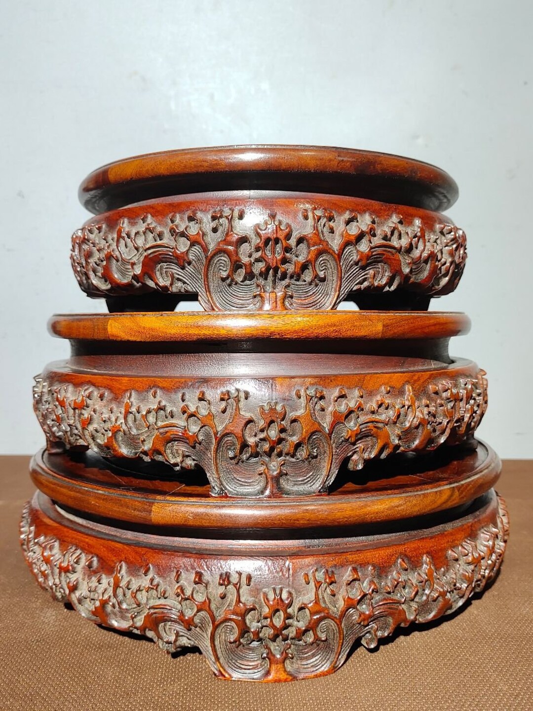A Set of Chinese Pure Hand-carved Rosewood Phoenix Pattern Round Vase ...