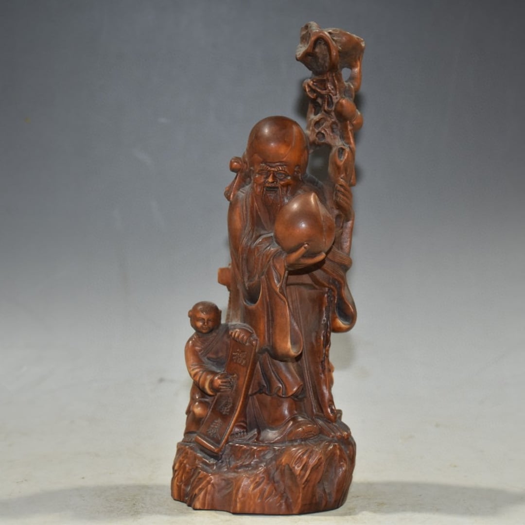 The Chinese Antique Natural Boxwood Longevity Peach Statue is Pure Hand ...