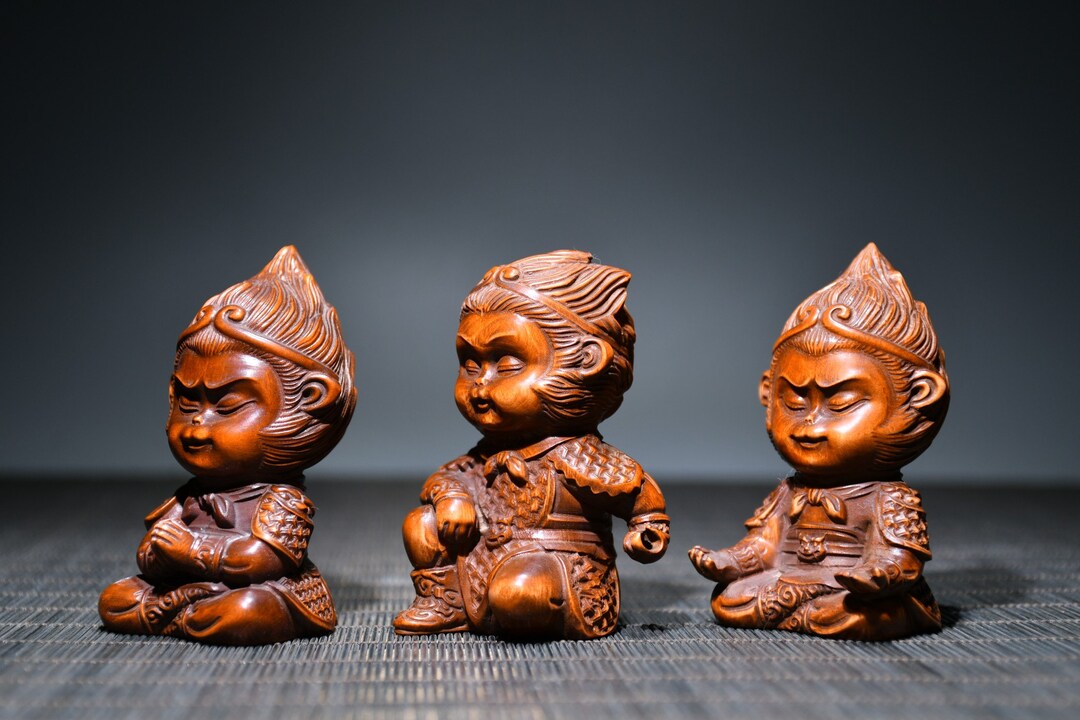 Chinese Pure Hand Carved Natural Boxwood Sun Wukong Statue a Set Small ...