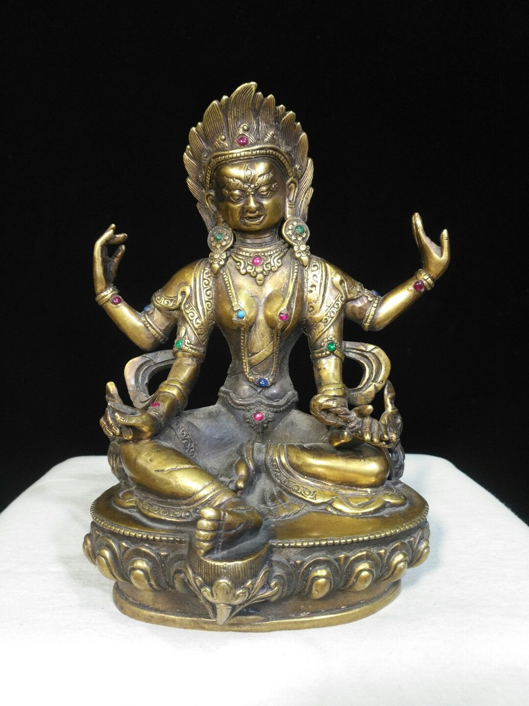 Chinese Antique Hand Carved Pure Copper Inlaid Gems Four Armed Tara ...