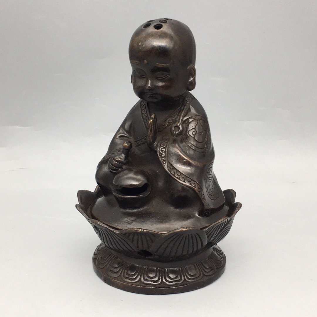 Chinese Pure Hand-carved Pure Copper Little Monk Statue Incense Burner ...
