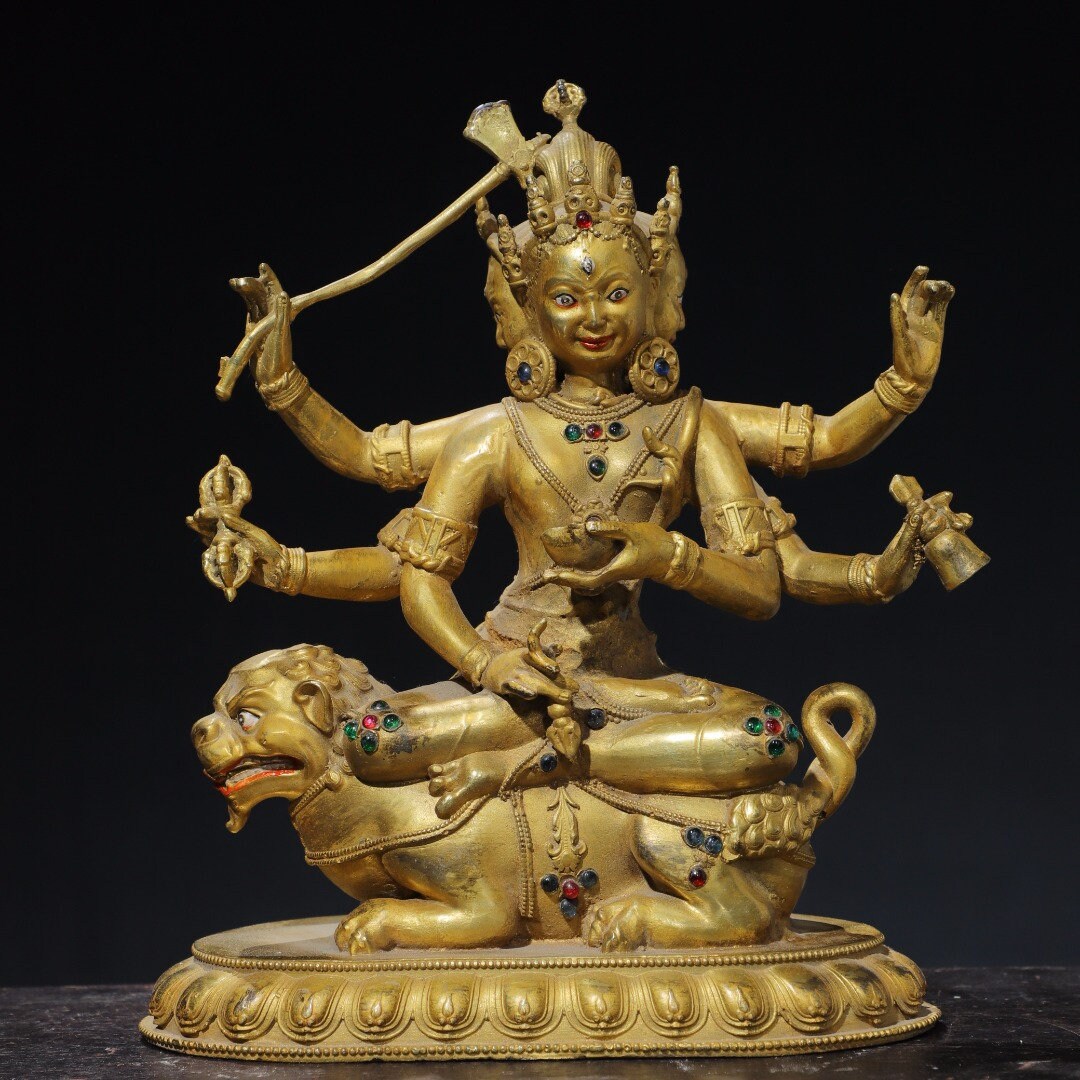 Chinese Pure Hand-carved Pure Copper Gilt Inlaid Gems Buddha Statue ...