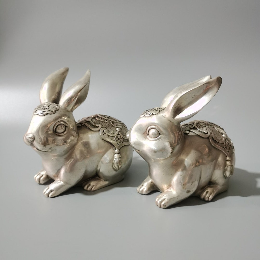 Chinese Antique Pure Copper Hand-carved Cute Rabbit Statue a Pair ...