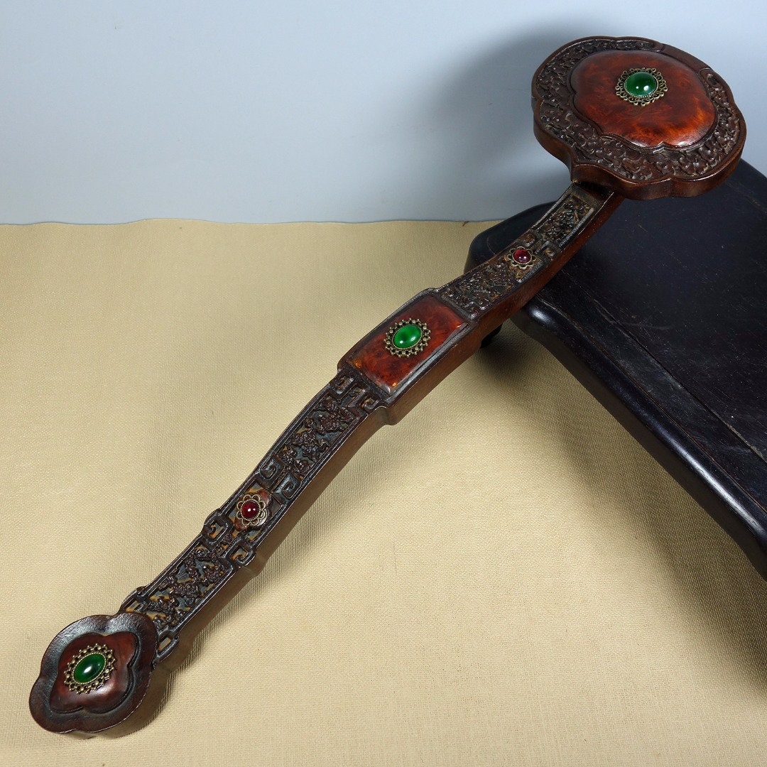 Chinese Antique Natural Rosewood Inlaid Gems Ruyi Statue Home ...