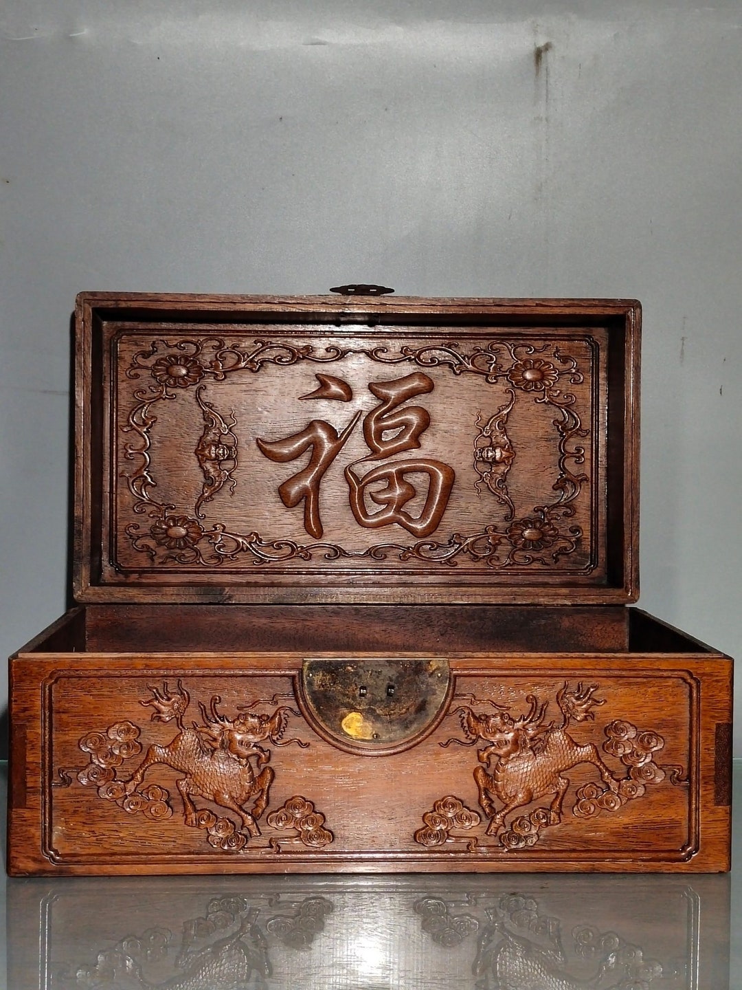 Chinese Pure Hand Carved Large Rosewood Carved Kylin Pattern Treasure ...