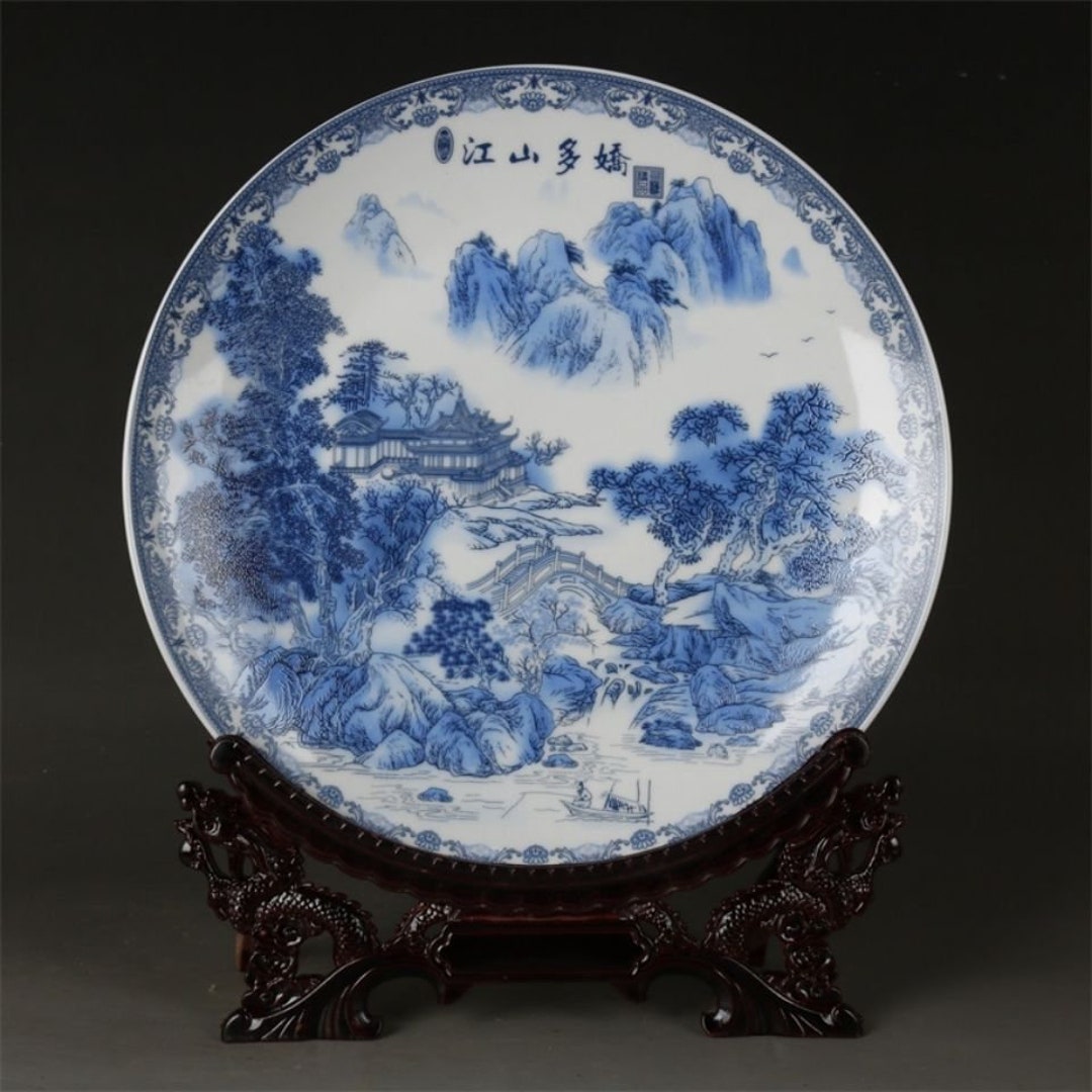 Blue and White Porcelain Plate, Hand-painted Landscape Pattern ...