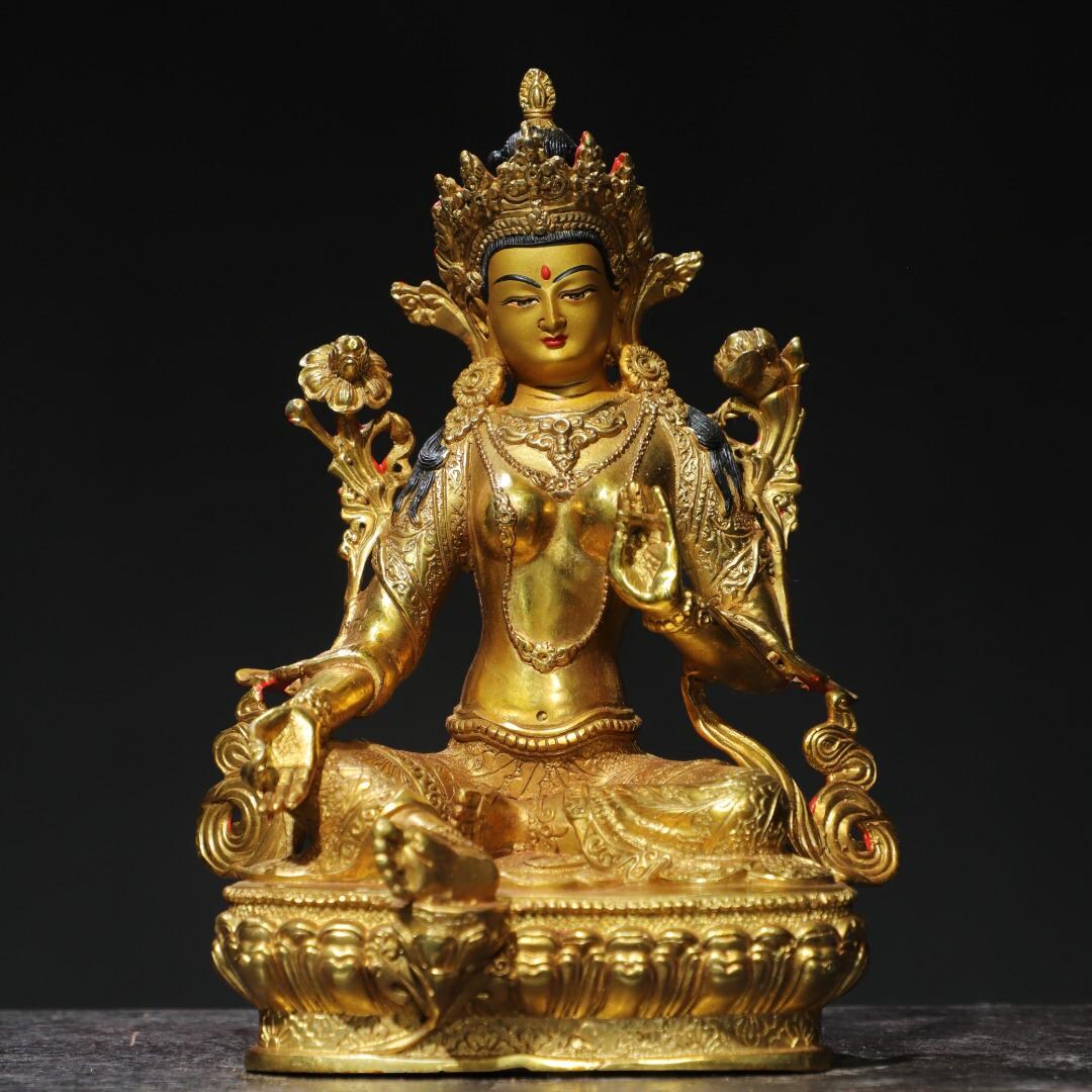 Chinese Antique Handmade Carved Pure Copper Gilded Painted Green Tara ...