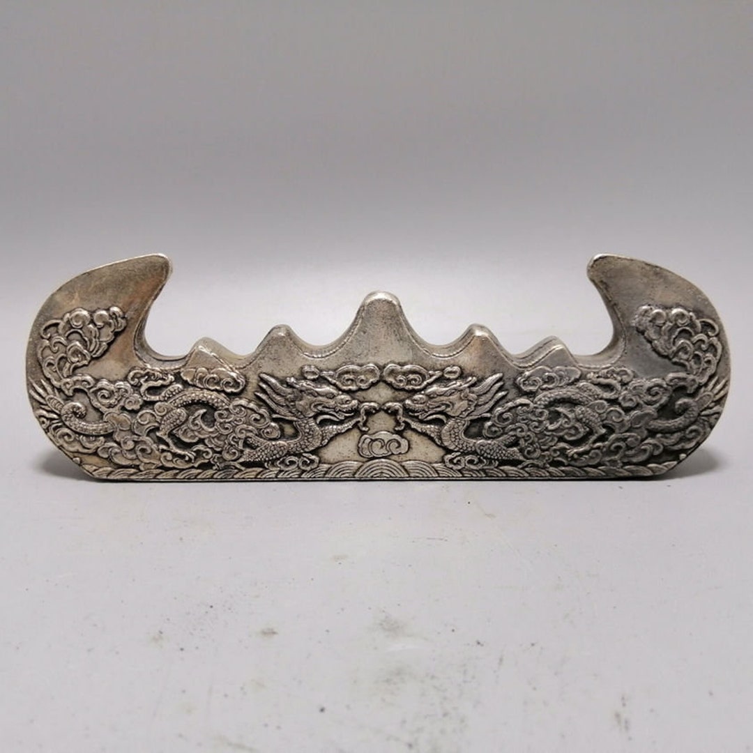 Chinese Antique White Copper Dragon Pattern Pen Holde Hand Carved Pen ...