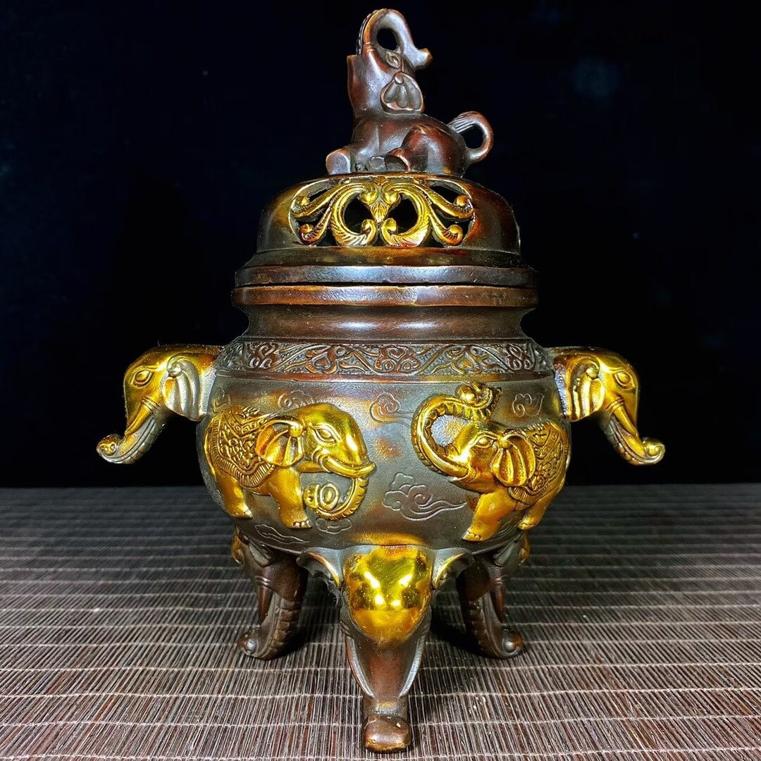 Chinese Antique Pure Copper Gilt High Relief Handmade Carved Elephant ...