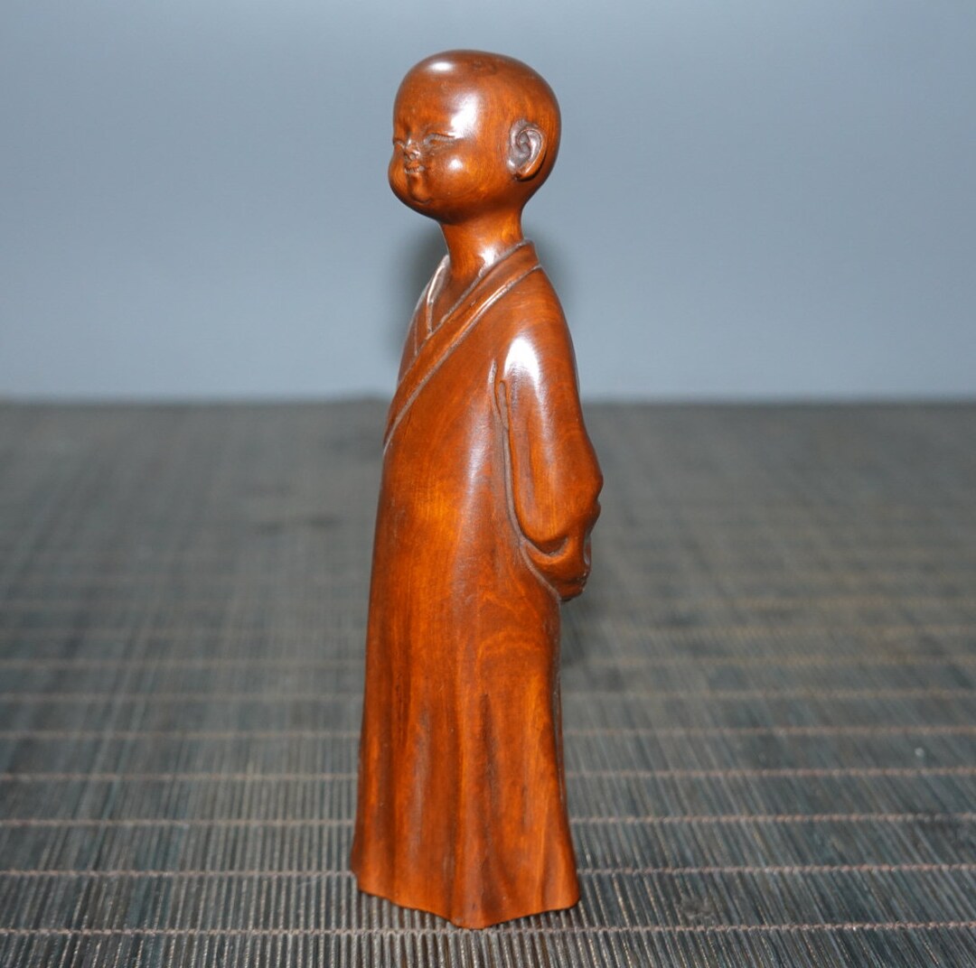 Chinese Pure Hand Carved Natural Boxwood Little Monk Statue Ornament ...