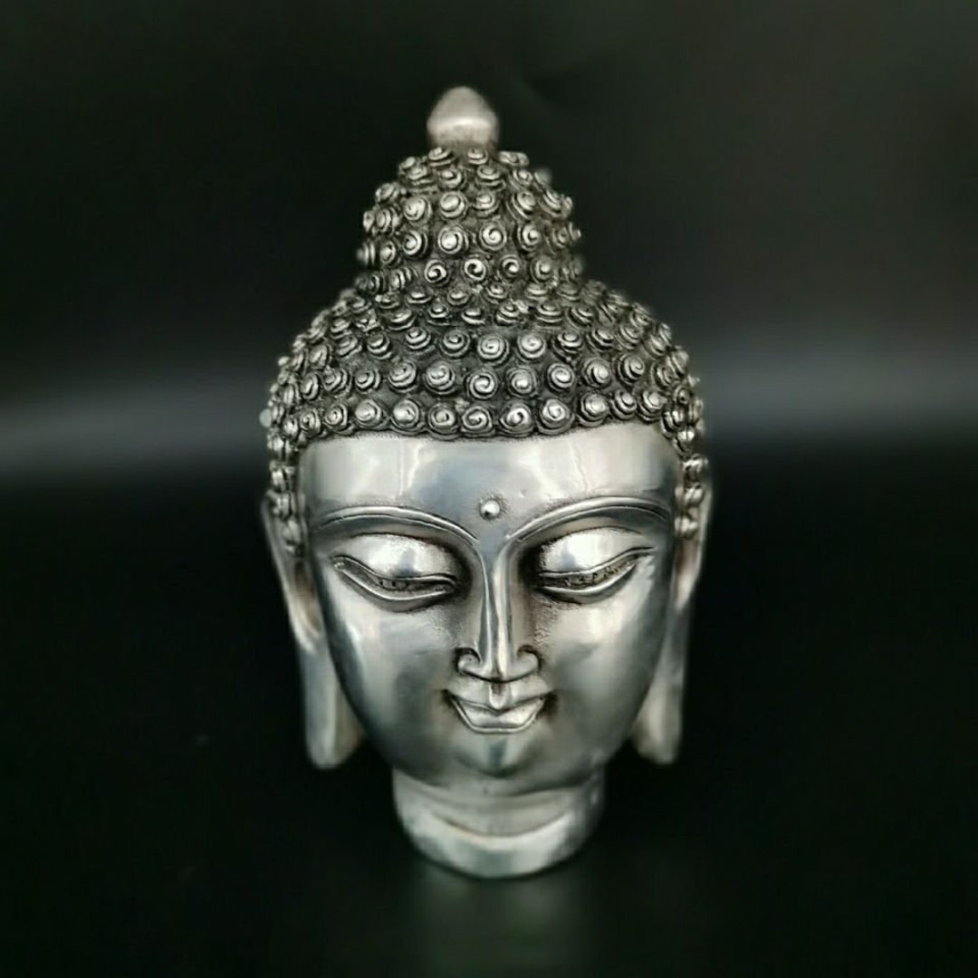 Chinese Pure Hand Carved White Copper Buddha Head Statue Ornaments ...