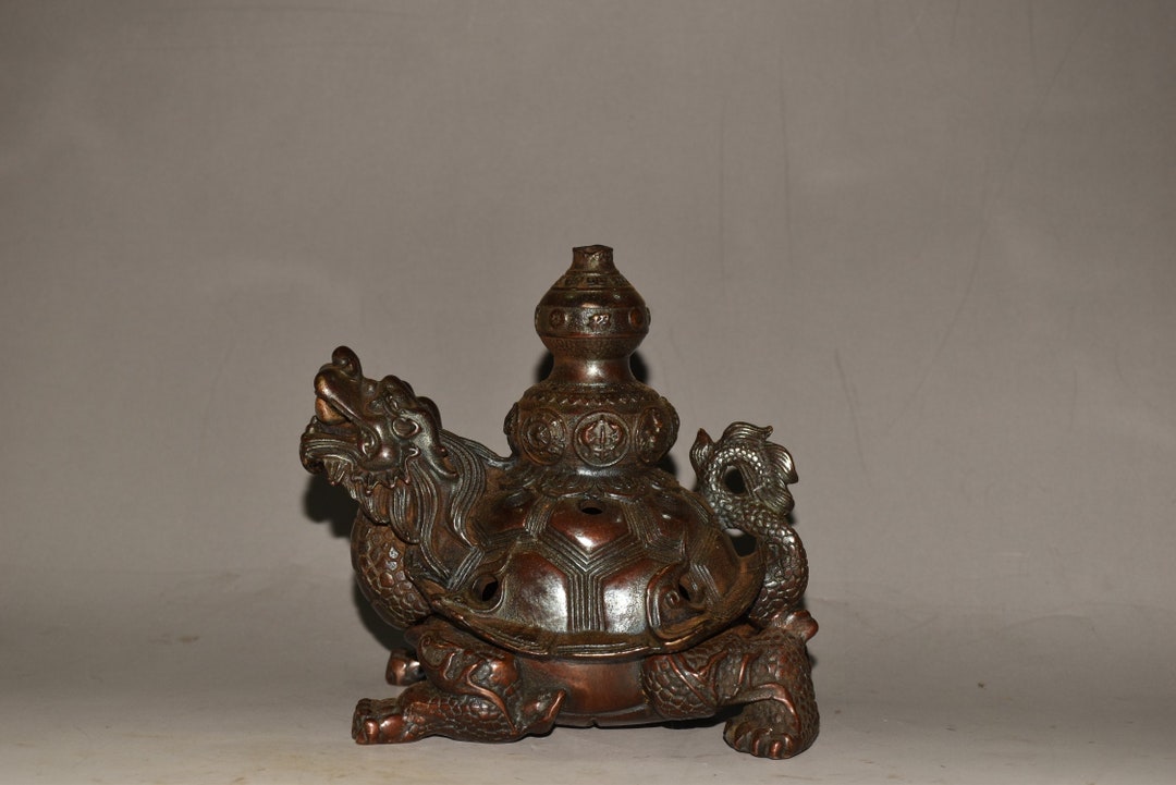 Chinese Antique Pure Copper Red Copper Handmade Carved Dragon Turtle ...