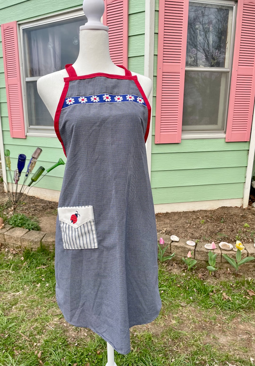 Ladybug and Daisy Apron, Red and Blue, Apron With Pocket, Plus Size ...