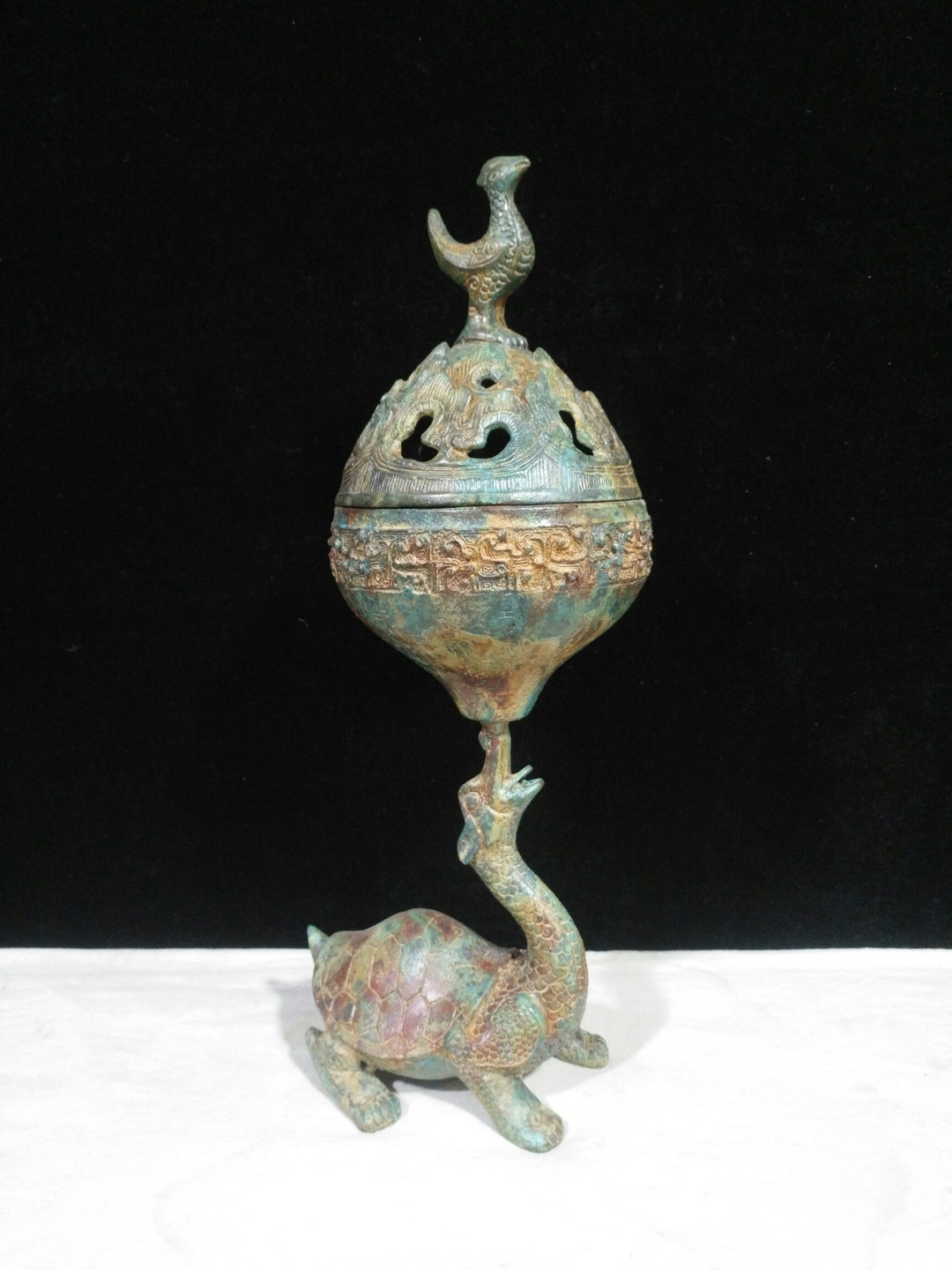 Chinese Antique Hand Carved Bronze Turtle and Crane Boshan Incense ...