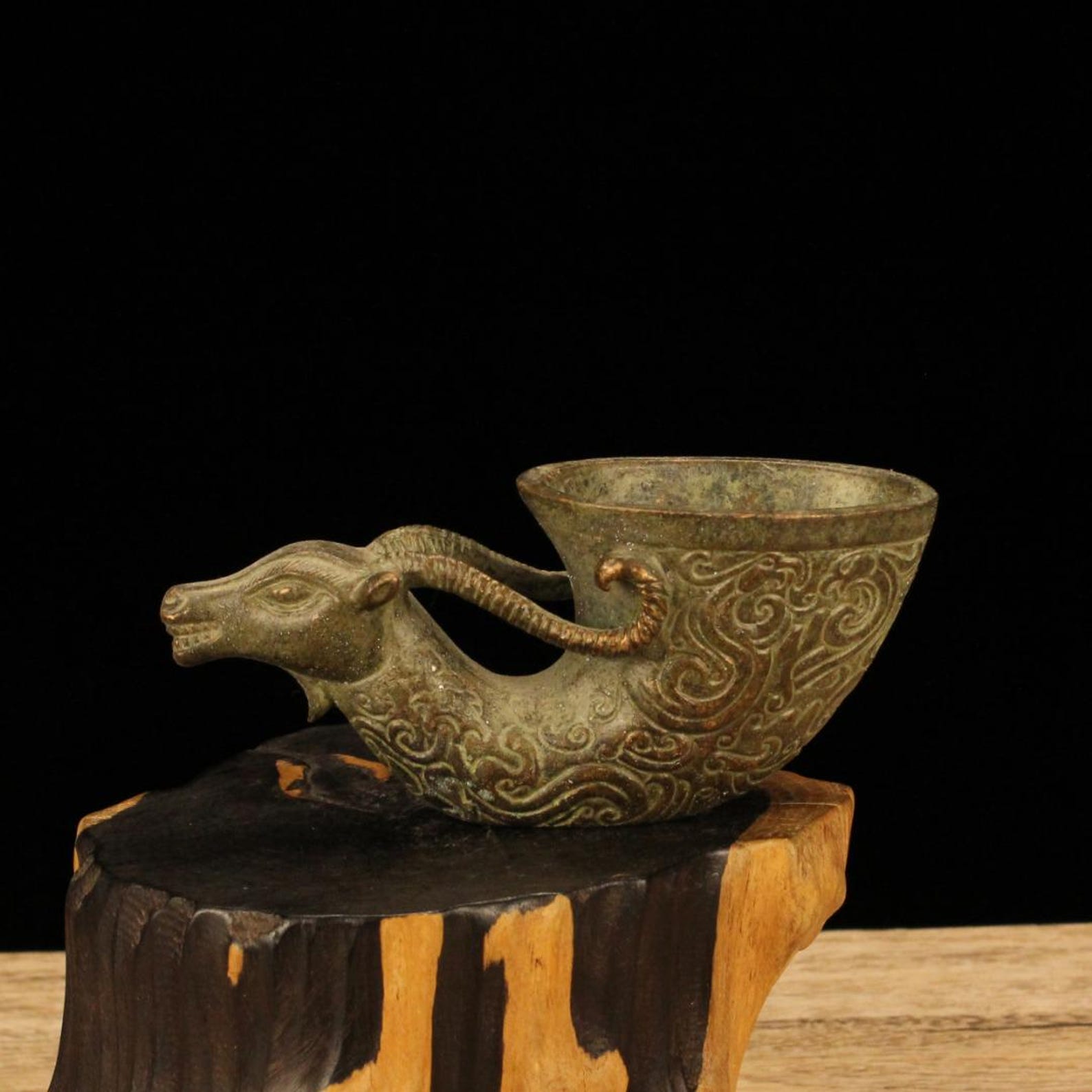 Chinese Antique Collection Hand Carved Pure Copper Sheep Head Jue Cup ...