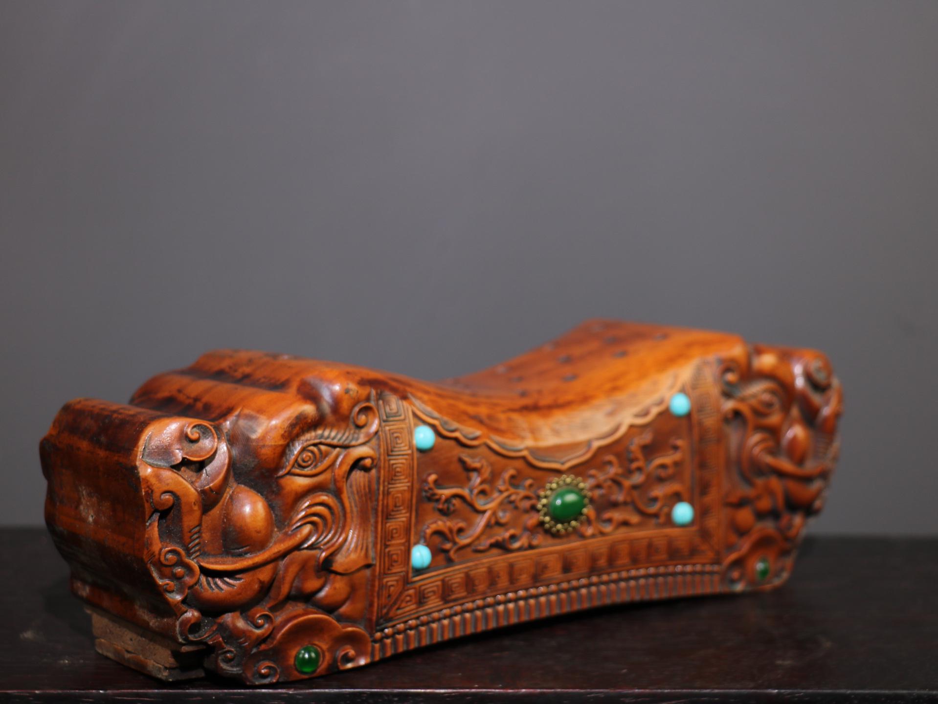 Chinese Pure Handmade Statue Rosewood Pillow Box Inlaid With Gemstones ...