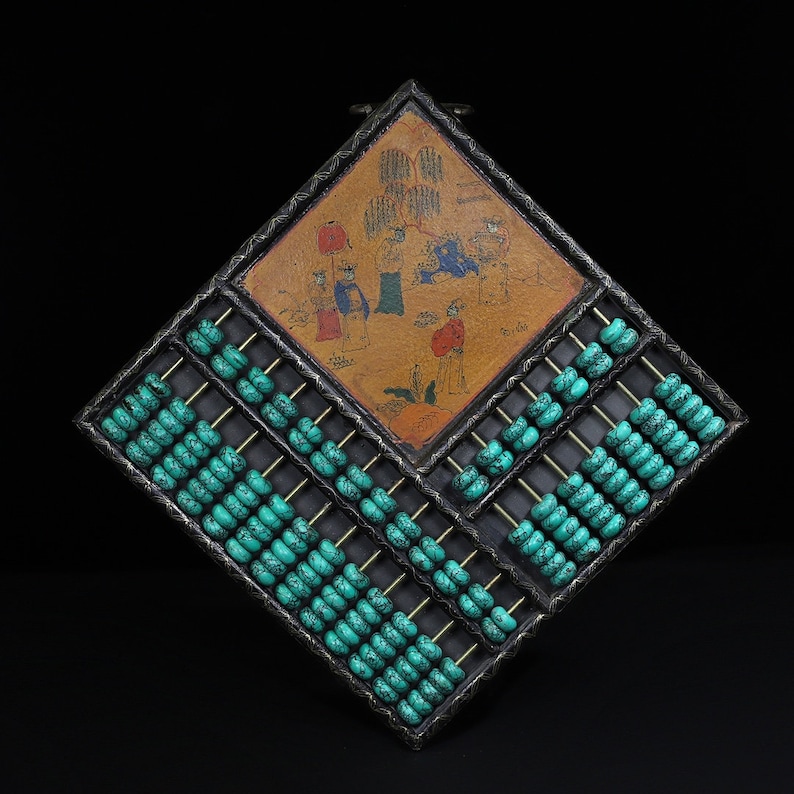 Chinese Statue Wood Carving Lacquerware Inlaid Turquoise Beads Abacus ...