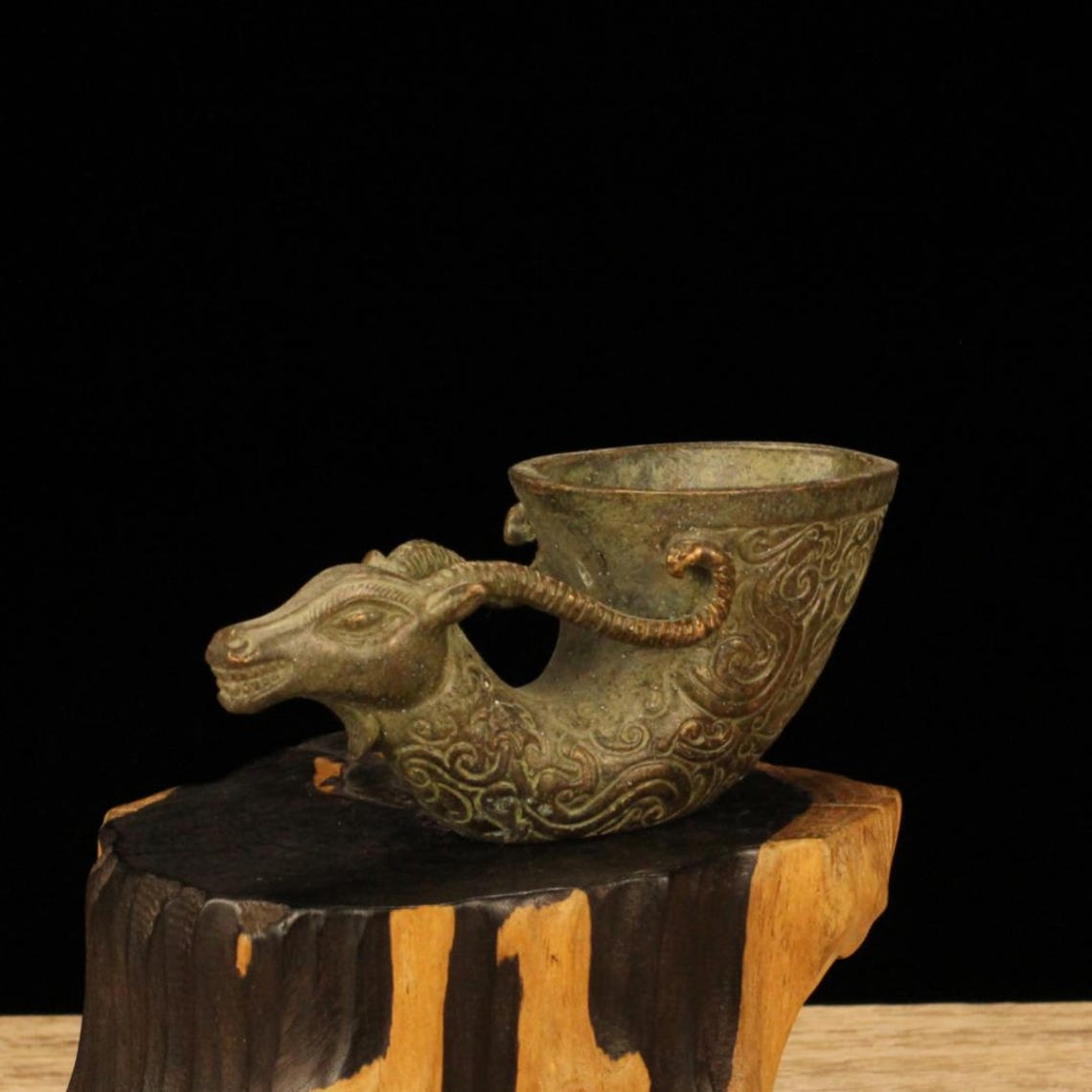 Chinese Antique Collection Hand Carved Pure Copper Sheep Head Jue Cup ...