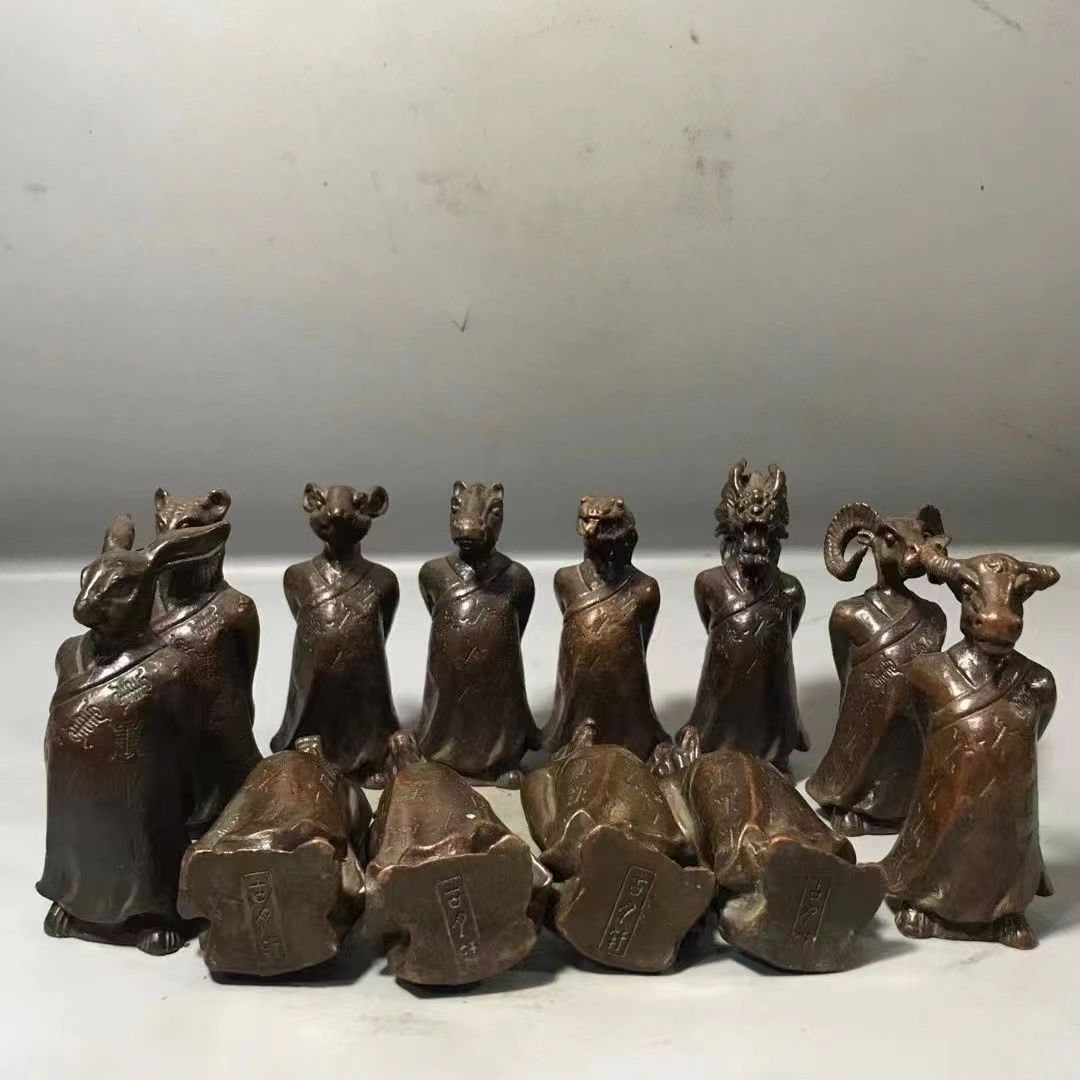 Chinese Antique Hand Carved Pure Copper Bronze Unique Twelve Zodiac ...
