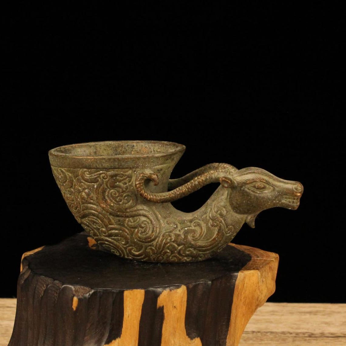 Chinese Antique Collection Hand Carved Pure Copper Sheep Head Jue Cup ...