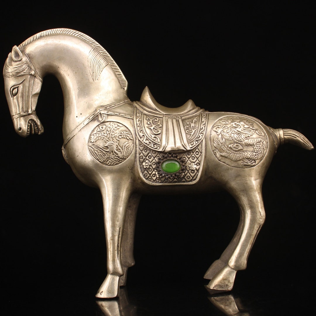Chinese Antique Pure Copper Inlaid Gems Horse Statues Are Hand Carved ...