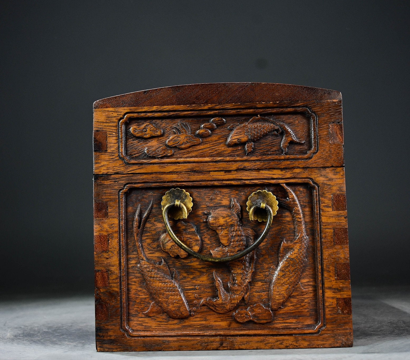 Chinese Hand Carved Natural Rosewood Lotus Fish Pattern Treasure Chest ...