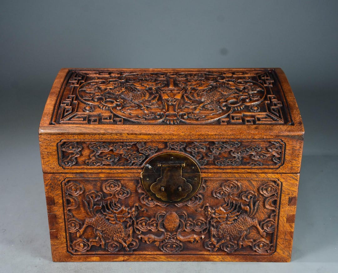 Chinese Antique Hand Carved Rosewood Exquisite Kirin Pattern Storage ...