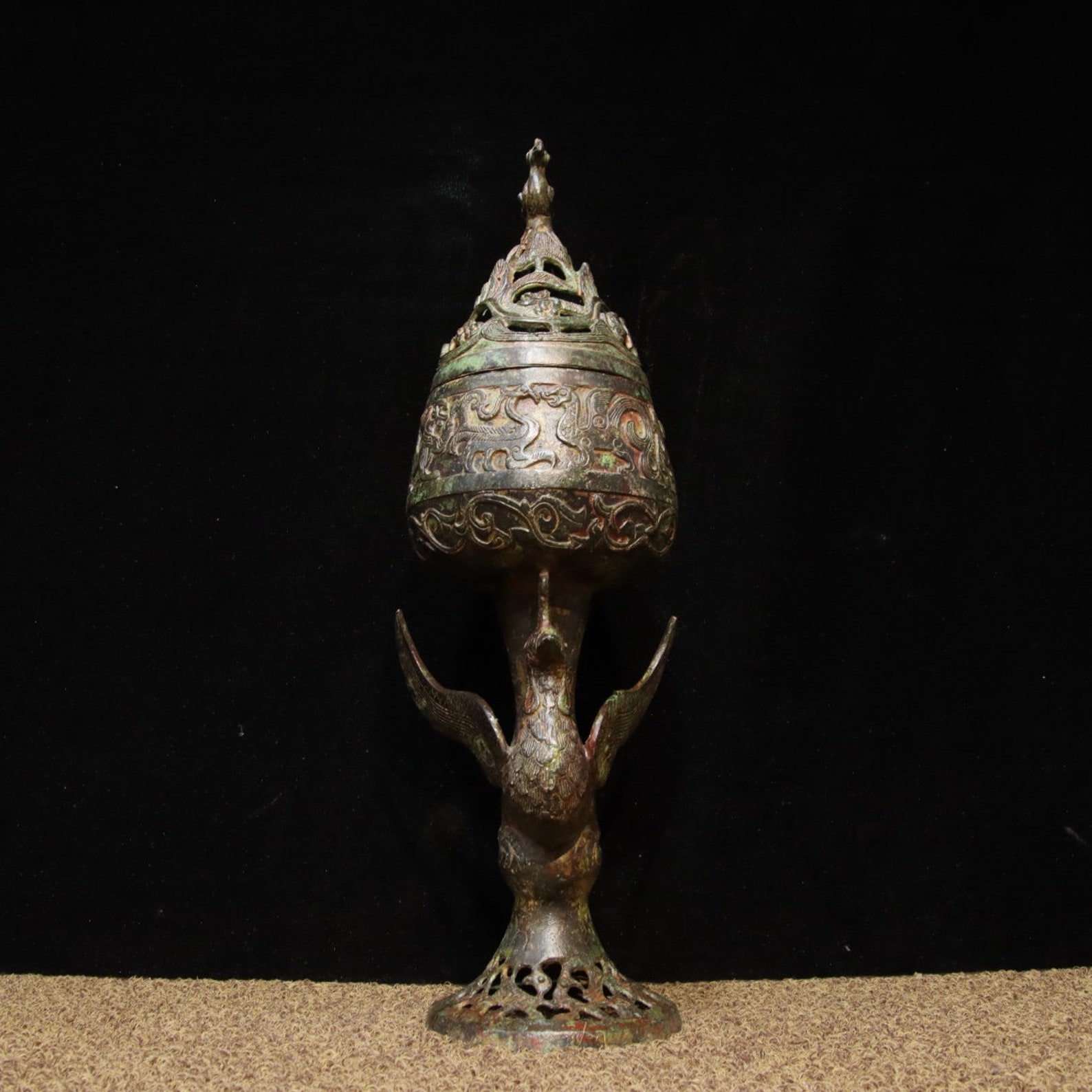 Chinese Antique Bronze Hand Carved Phoenix Bird Statue Boshan Incense ...