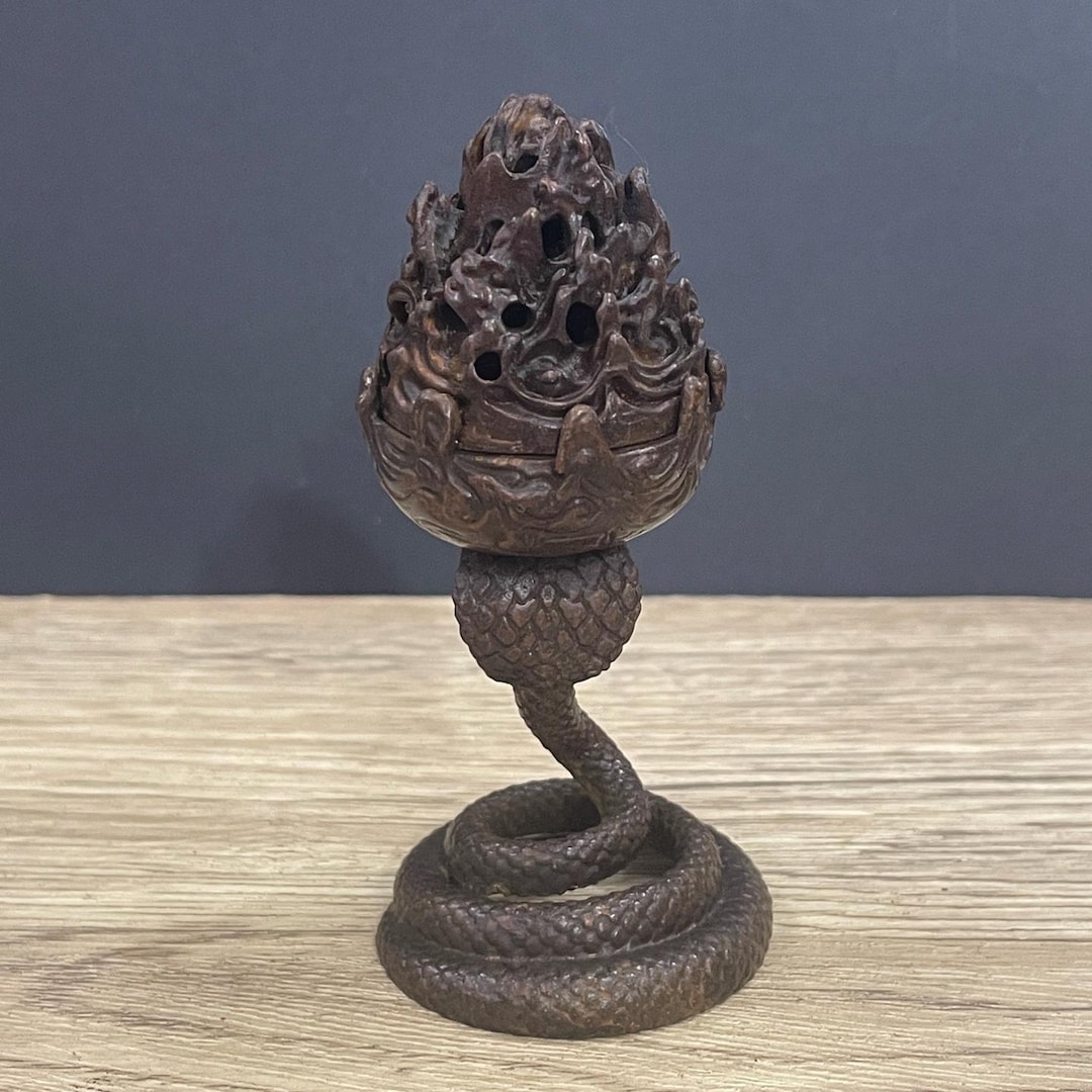 Chinese Antique Handmade Carved Pure Copper Snake Statue Incense Burner ...