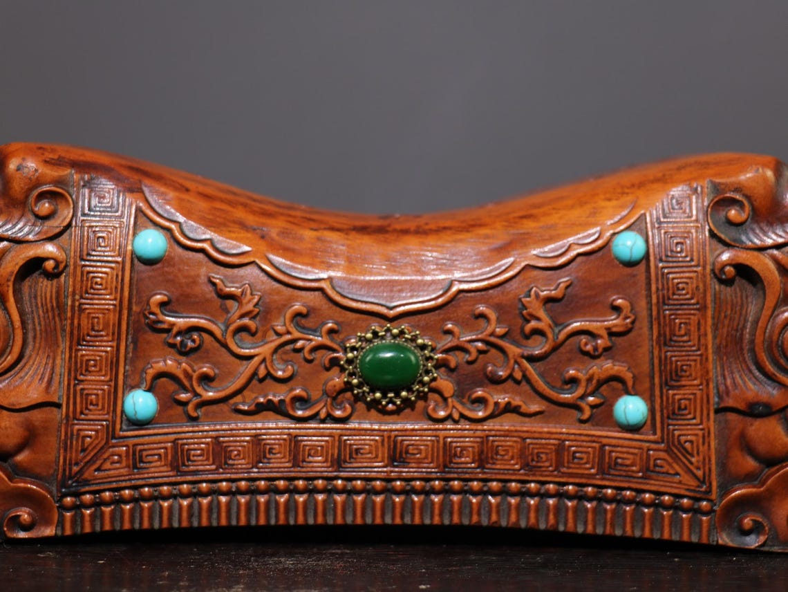 Chinese Pure Handmade Statue Rosewood Pillow Box Inlaid With Gemstones ...