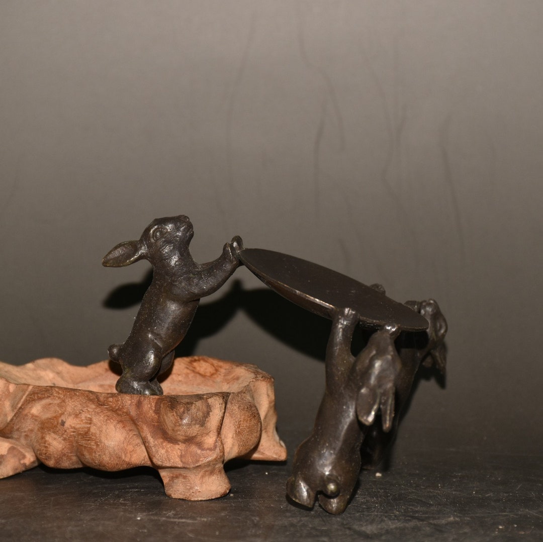Chinese Statue Hand-carved Pure Copper Rabbit Candlesticks Small ...