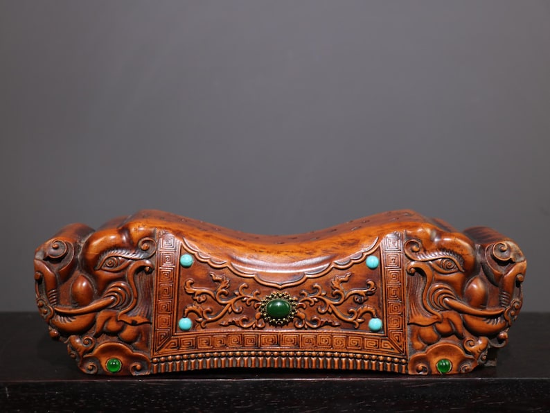 Chinese Pure Handmade Statue Rosewood Pillow Box Inlaid With Gemstones ...